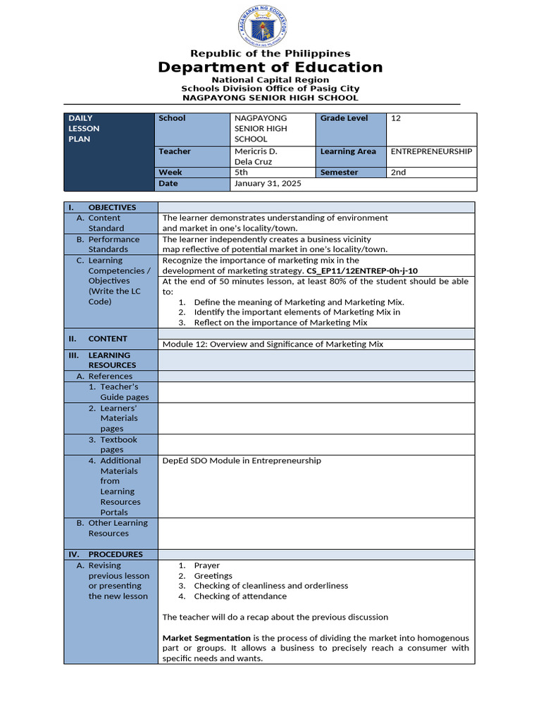 Grade 12 Entrepreneurship Lesson Plan | PDF | Marketing | Product ...