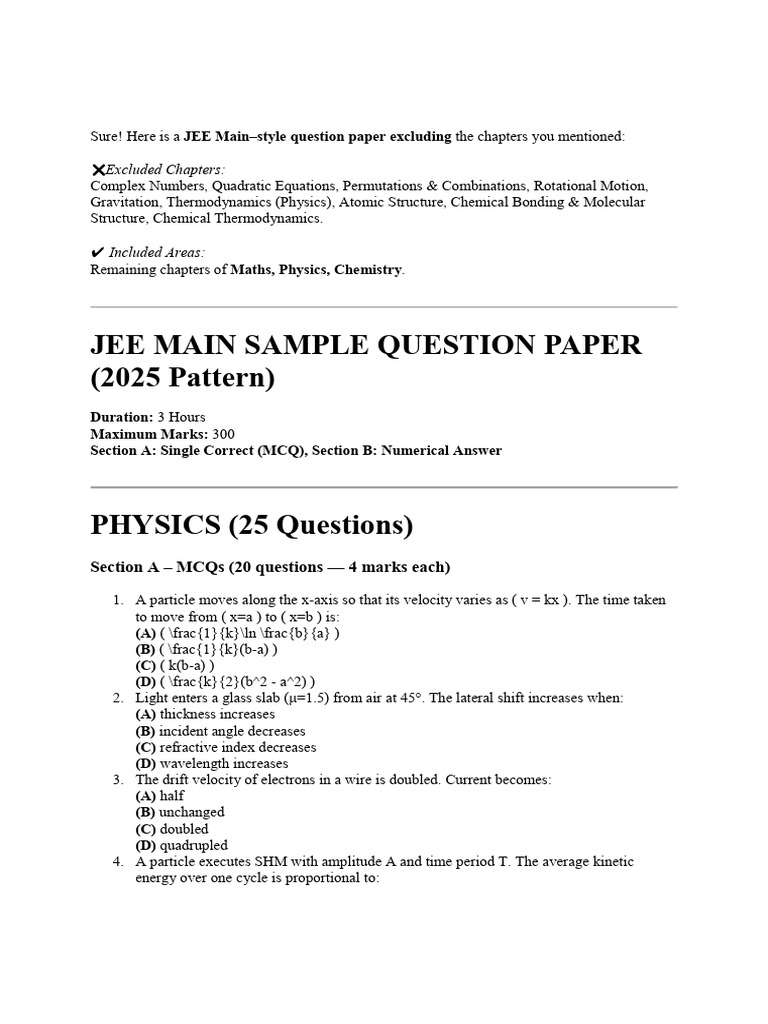 Jee Mains Sample Paper | PDF | Chemical Equilibrium | Chemistry