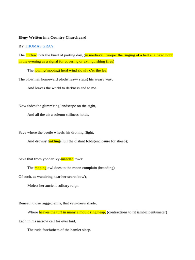 Elegy Written in a Country Churchyard | PDF | Poetry