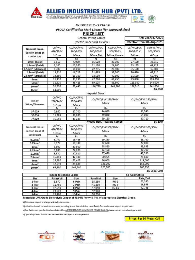 Price List # 37 Allied Cables (01!08!2025) | PDF | Electrical Wiring | Wire