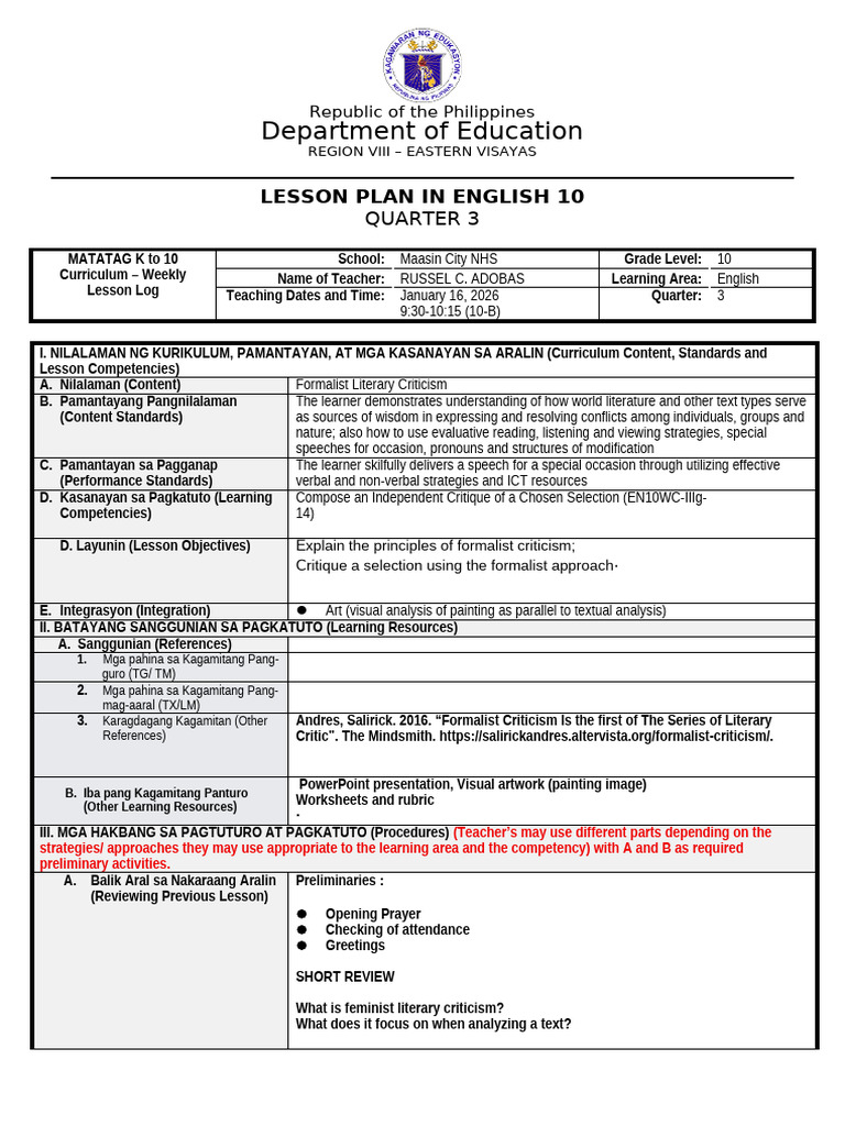 LESSON-PLAN- E10.2docx | PDF | Teachers | Human Communication