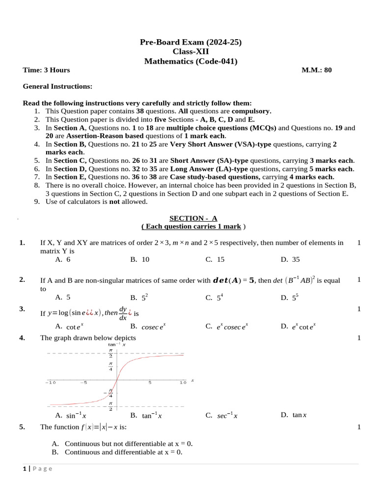 Question Paper -2024 ( Class - Xii Maths ) | PDF | Function (Mathematics) | Equations