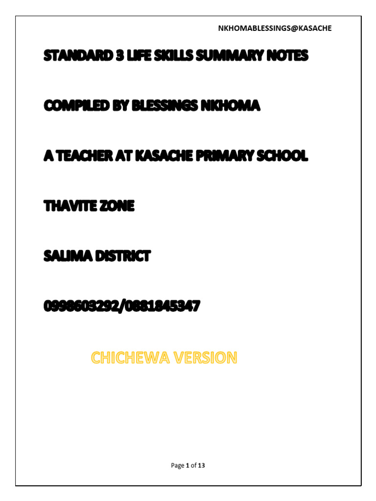 STD 3 Life Skills Notes (Chichewa)-1 | PDF