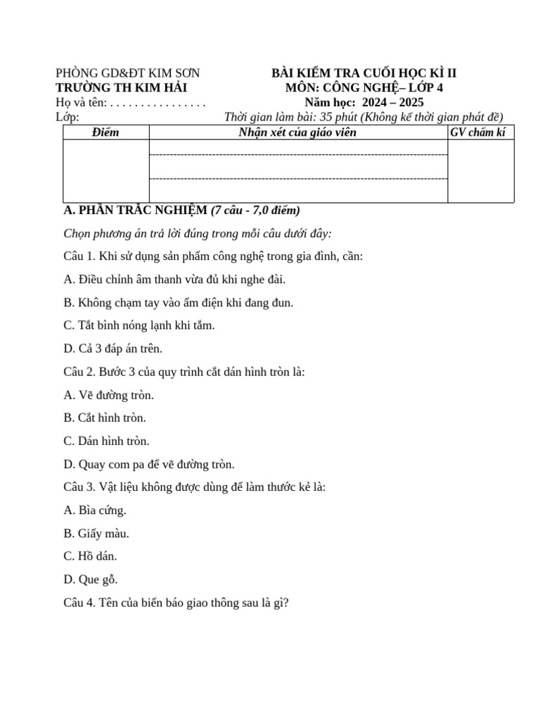 Đề Kt Cuối Hk2 Công Nghệ 3 | PDF