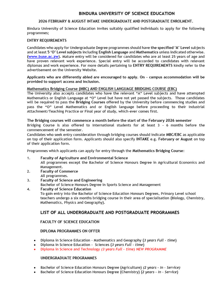 Bindura University 2026 Enrollment Guide | PDF | Bachelor's Degree ...