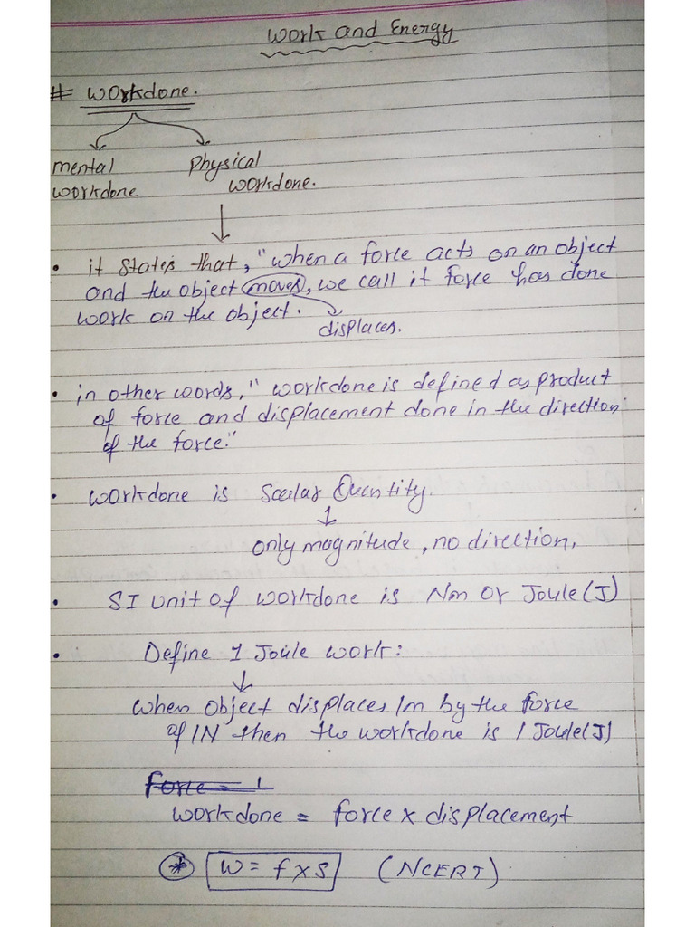 Work and Energy Notes Class 9th Till Work | PDF
