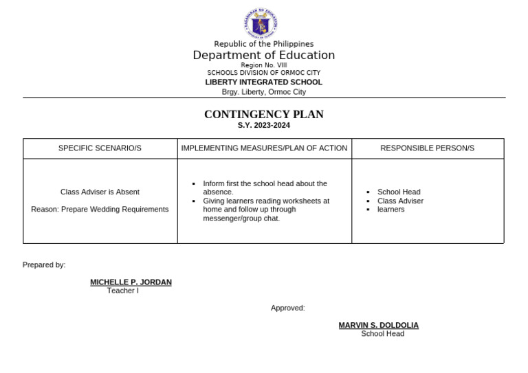 Ormoc City School Contingency Plan 2023-2024 | PDF