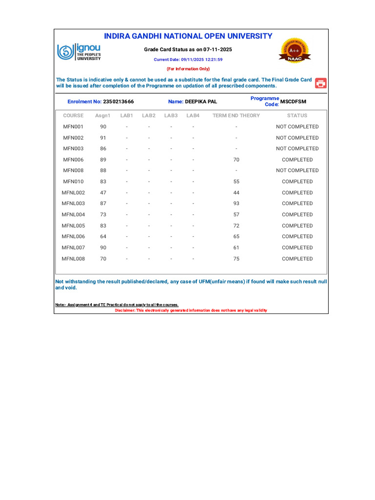 IGNOU Grade Card 09.11.25 | PDF