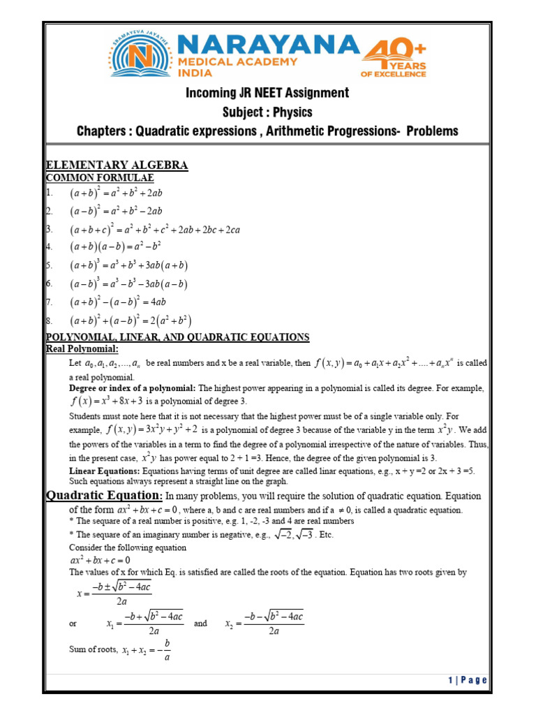 (INCOMING) JR NEET PHY-3-Quadratic expressions | PDF | Polynomial | Equations