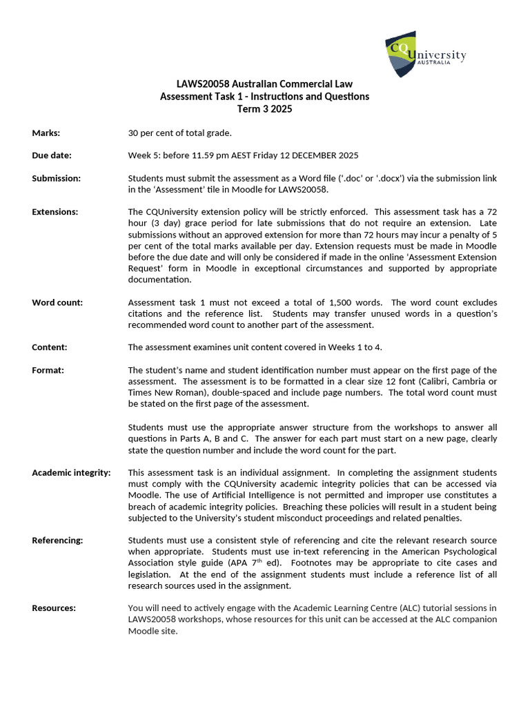Australian Commercial Law Assessment Guide | PDF | Alternative Dispute ...