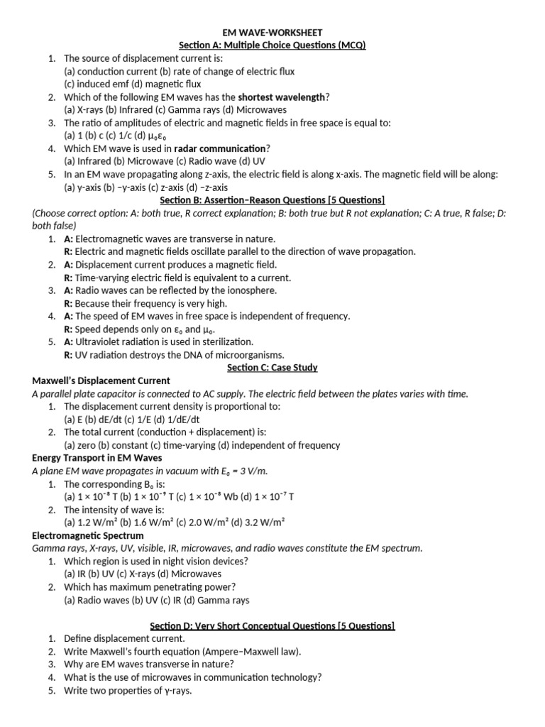 1768721893432_em Wave Worksheet | PDF | Electromagnetic Radiation | Waves