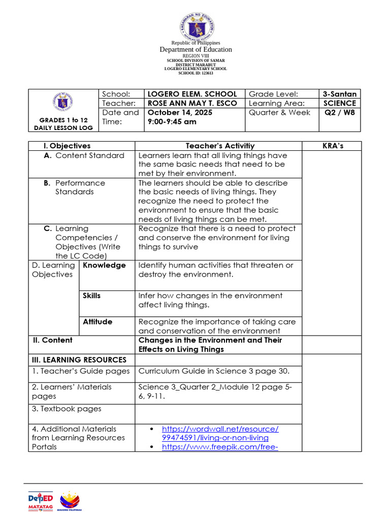 Grade 3 Science Daily Lesson Log | PDF | Learning | Literacy