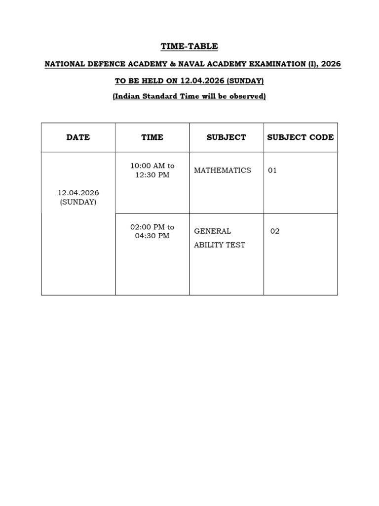 NDA & Naval Academy Exam Timetable 2026 | PDF