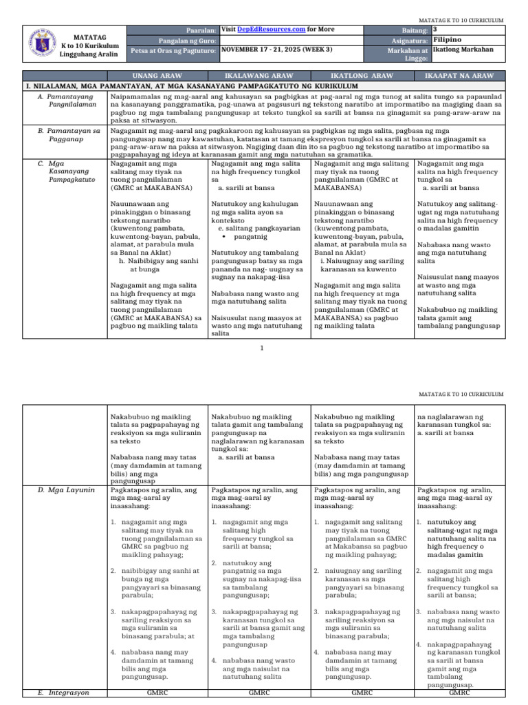DLL Matatag Filipino 3 q3 w3 | PDF
