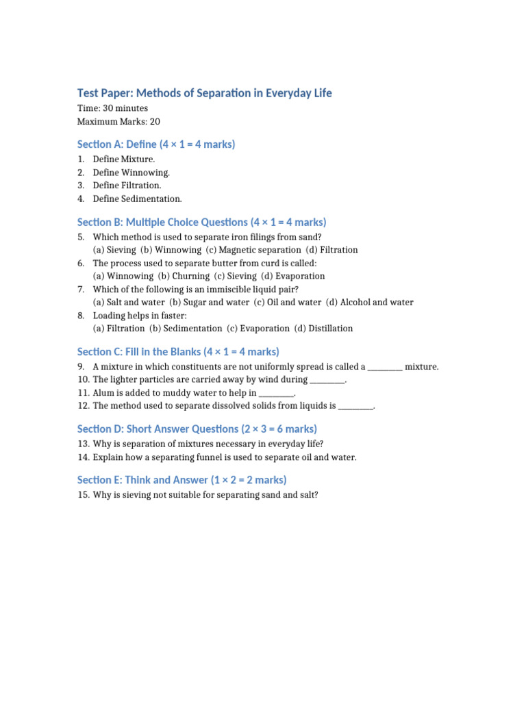 Methods of Separation 20 Marks Test Paper | PDF