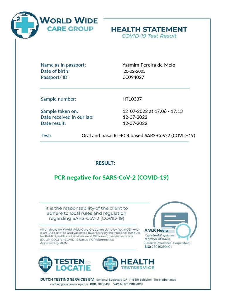 COVID-19 RT-PCR Test Result for Yasmim | PDF