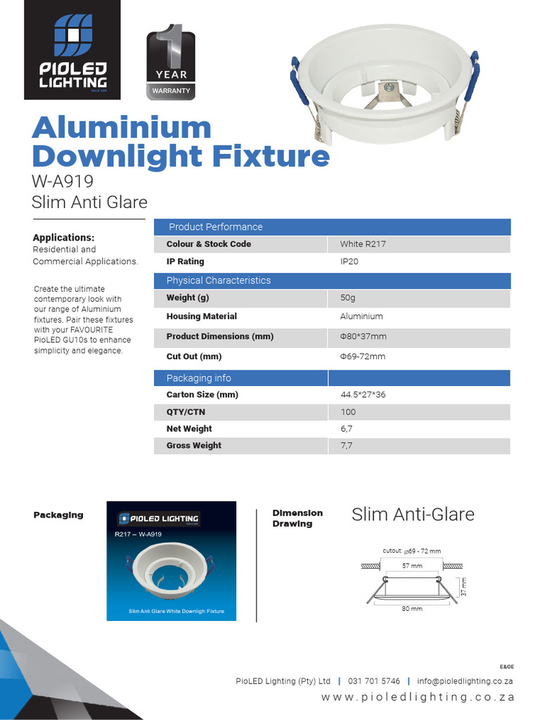 PioLED R217 CNC AL Downlight Fixture Slim Anti Glare W A919 White | PDF