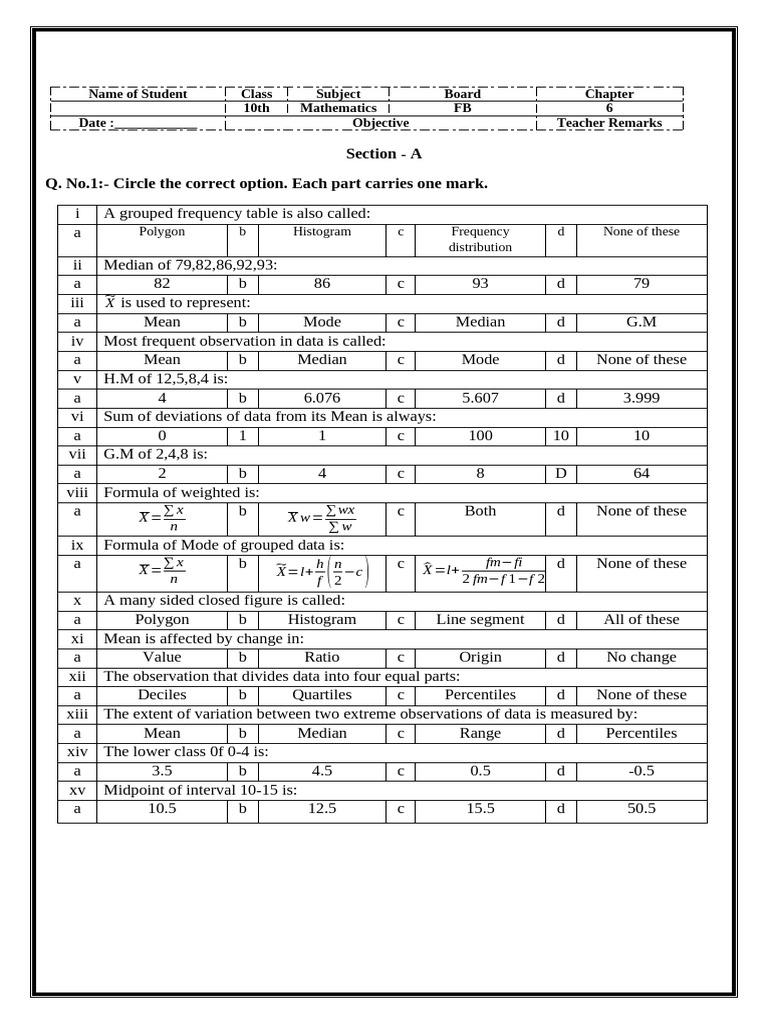 Mathematics Frequency Distribution Quiz | PDF | Mode (Statistics) | Mean