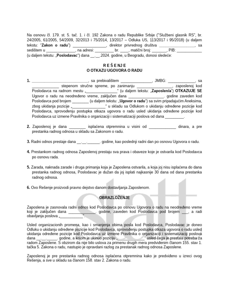 Resenje o Otkazu Ugovora o Radu Tehnoloski Visak Pelcer Otkaz Ugovora o ...