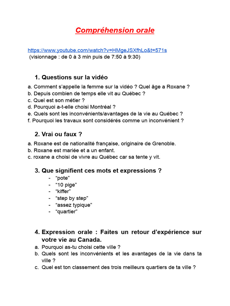 Compréhension orale : Vie de Roxane au Québec | PDF