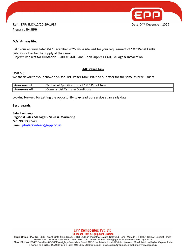 Quotation for 200 KL SMC Panel Tank | PDF | Fiberglass | Building Materials