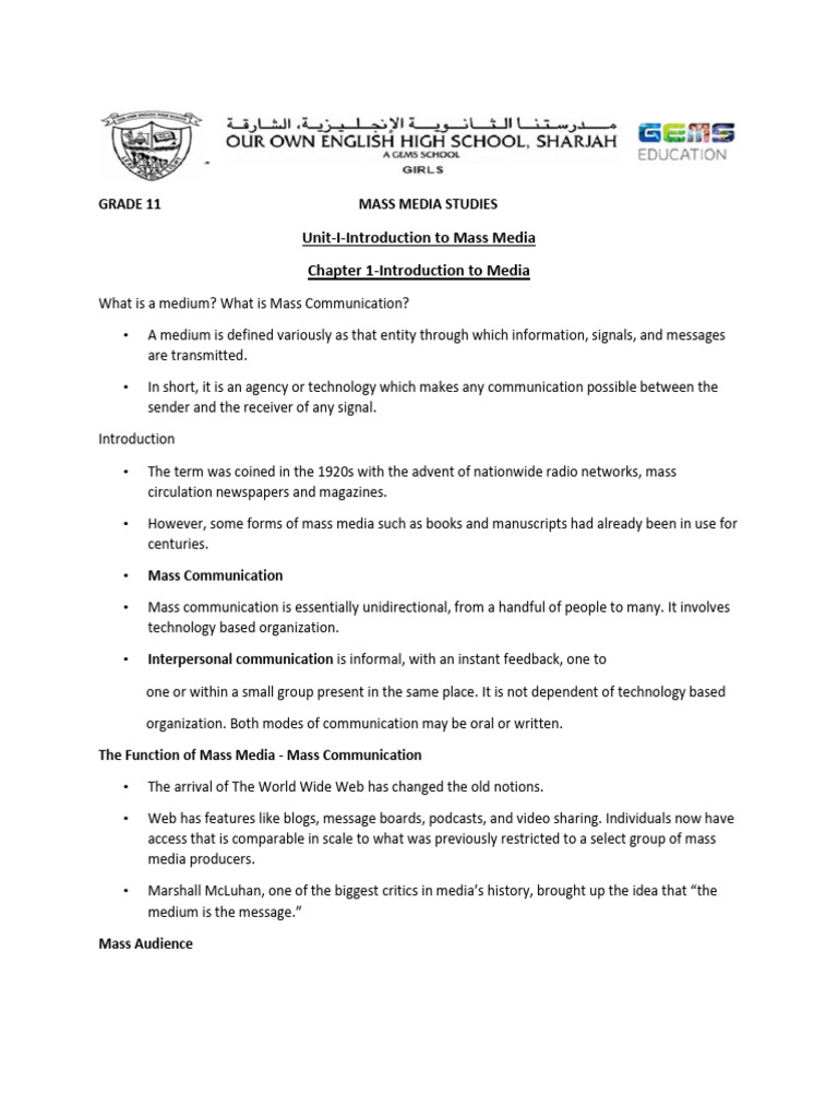 Introduction to Mass Media - Notes | PDF | Communication | Mass Media