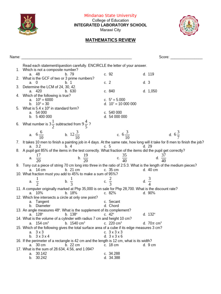MATH REVIEW (NOV. 7, 2023) | PDF | Area | Elementary Mathematics