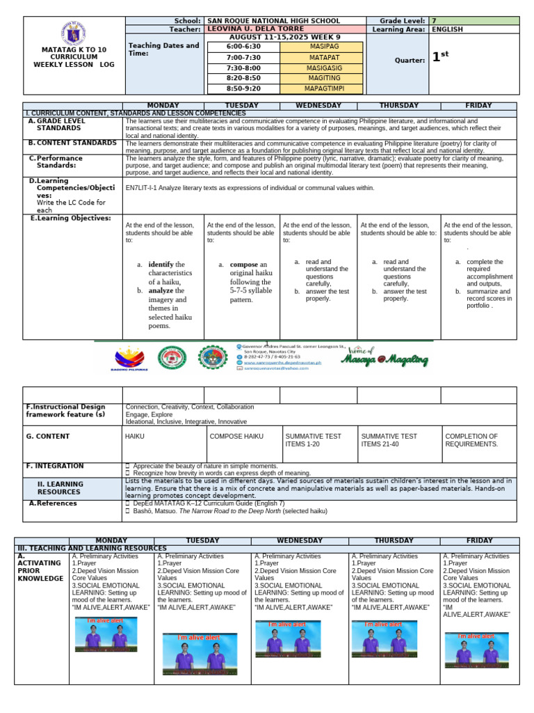 VINA_DLL-ENGLISH-7-WEEK-9 PETA_HAIKU_AUGUST 11-15 2025 | PDF | Haiku | Poetry