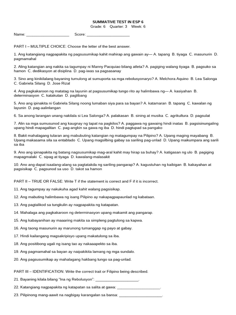 Summ_test Esp 6 q3 w6 | PDF