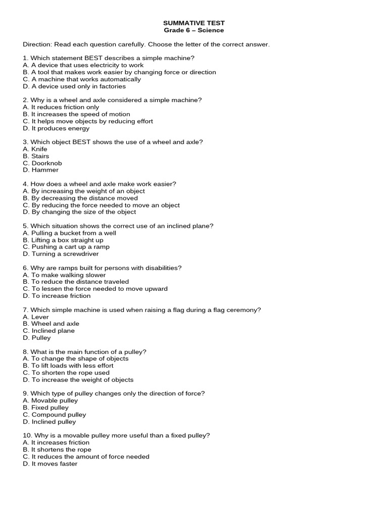 Grade 6 Science: Simple Machines Test | PDF | Machines | Mechanical ...