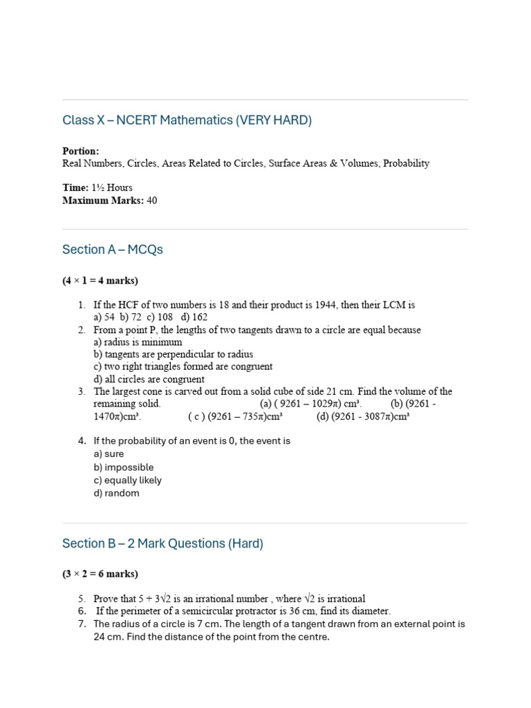 10th 40 mark 1,10,11,12, 14 | PDF | Circle | Area
