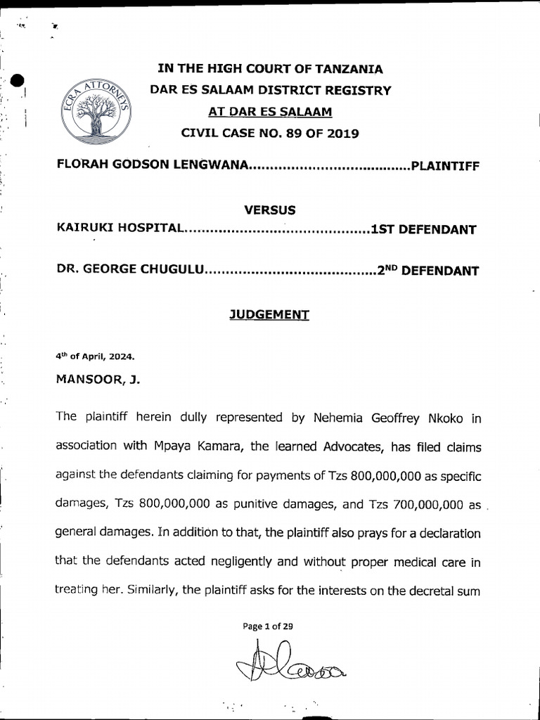 Frolah Godson Lengwana v Kairuki Hospital and DrGeorge Chugulu Civil ...