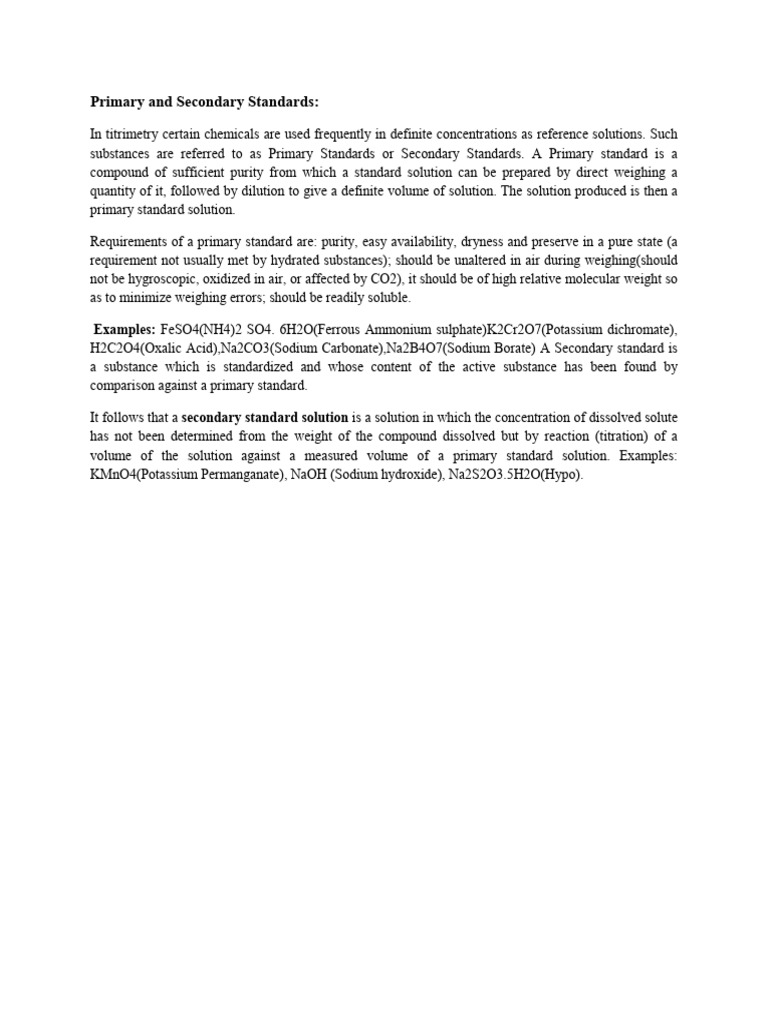 Primary vs Secondary Standards in Titrimetry | PDF