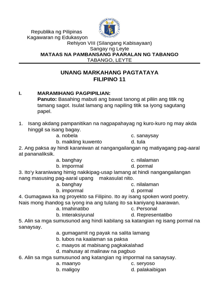 Filipino -1st Summative Test Booklet Format | PDF