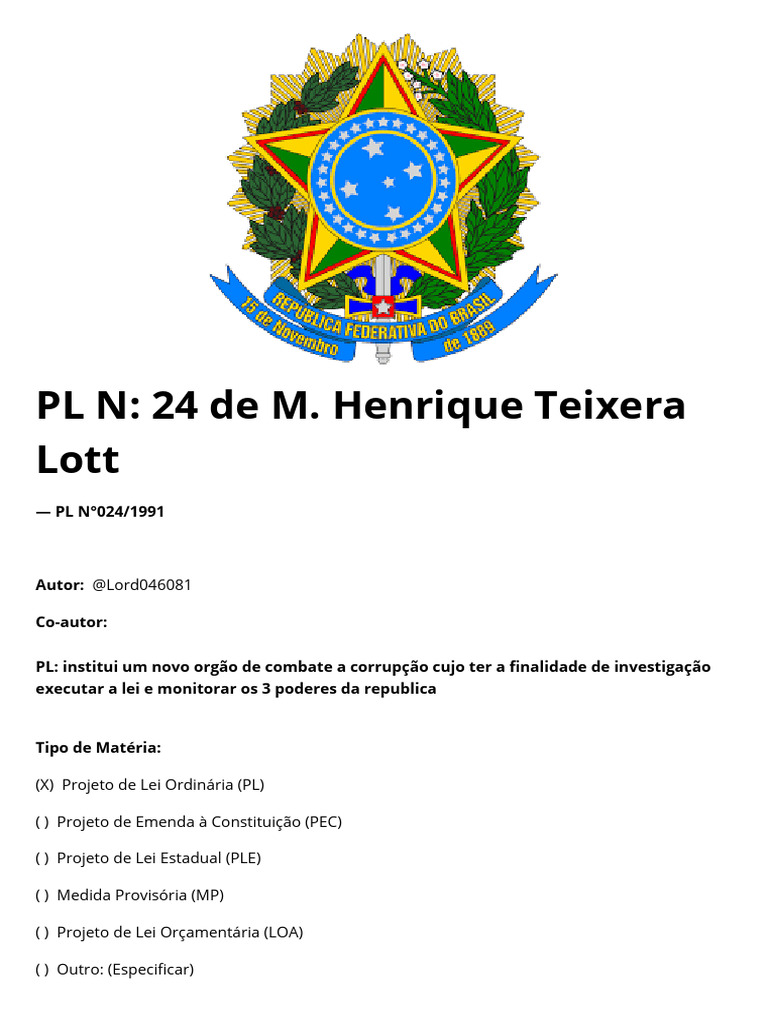 PL N 24 de M. Henrique Teixera Lott (2) | PDF | Emenda Constitucional ...