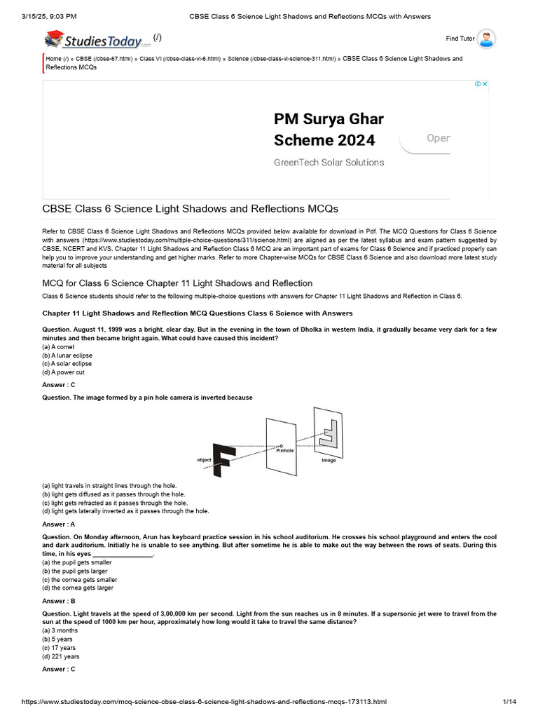 CBSE Class 6 Science MCQs on Light | PDF | Light | Multiple Choice