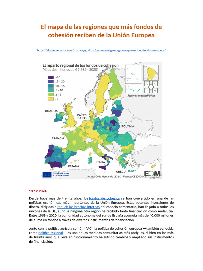 El Mapa de Las Regiones Que Más Fondos de Cohesión Reciben de La Unión ...