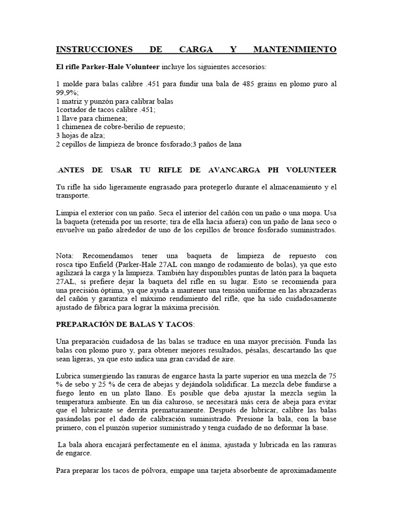 INSTRUCCIONES DE CARGA Y MANTENIMIENTO PARKER HALE | PDF | Rifle | Bala