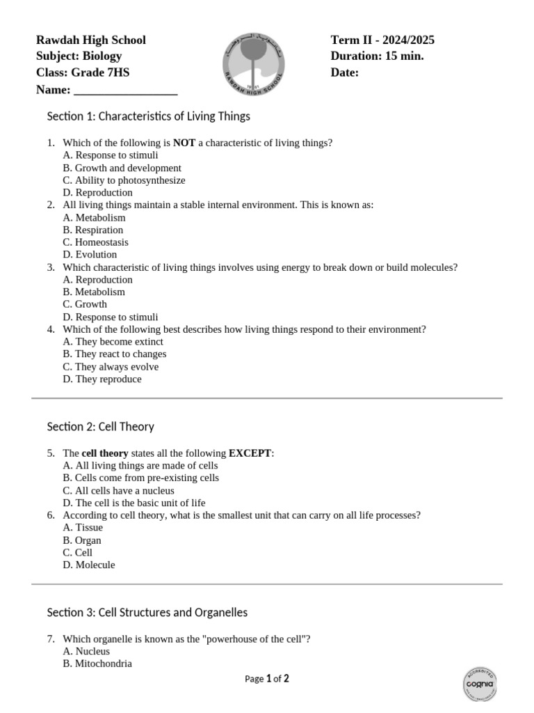 Quiz Grade 7 Cells | PDF | Cell (Biology) | Cytoplasm