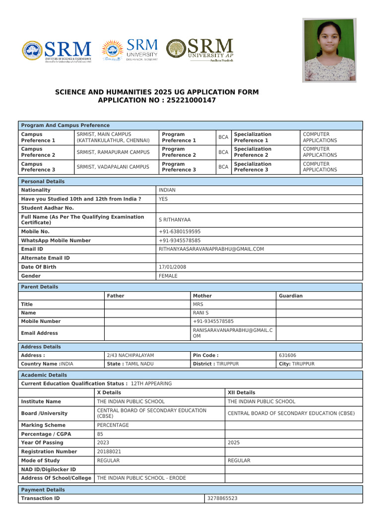 SRMIST BCA Application Form 2025 | PDF