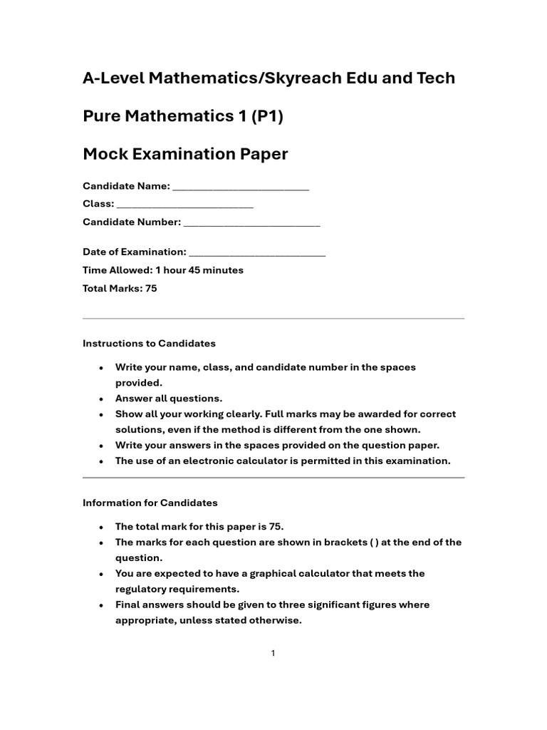A Level Pure Math Mock Paper | PDF | Mathematics | Function (Mathematics)