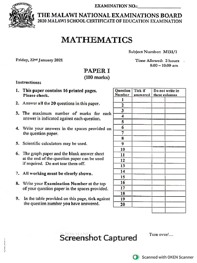 Mathematics MSCE 2020 Paper 1 | PDF
