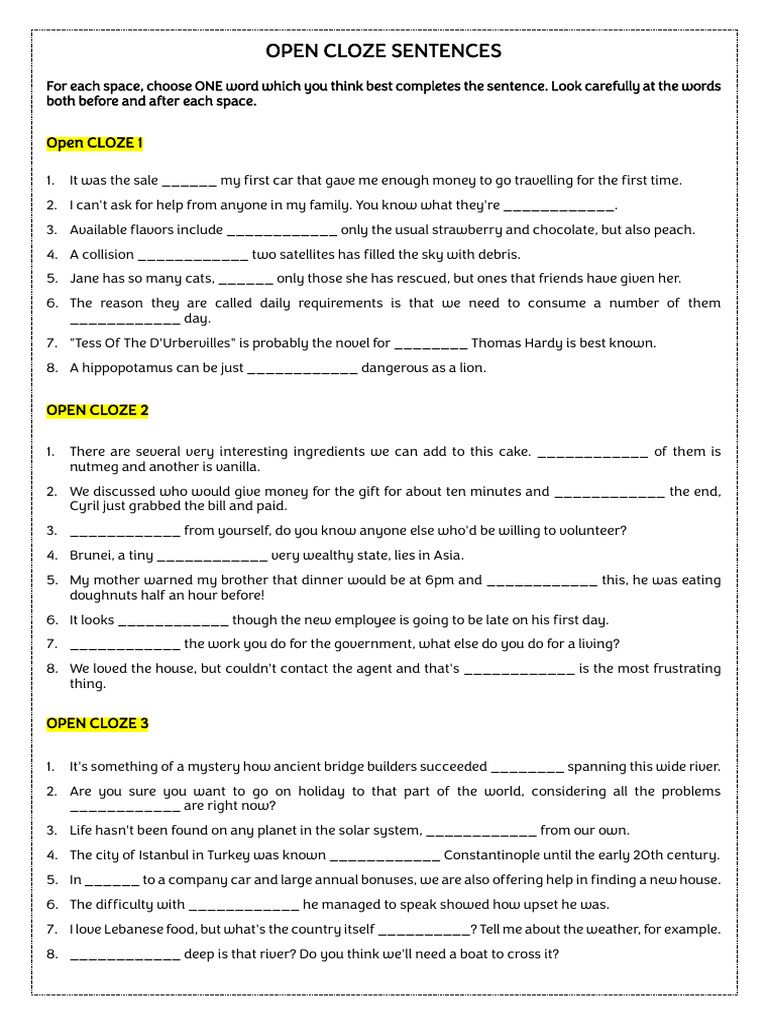 Open Cloze Sentence Completion Exercises | PDF