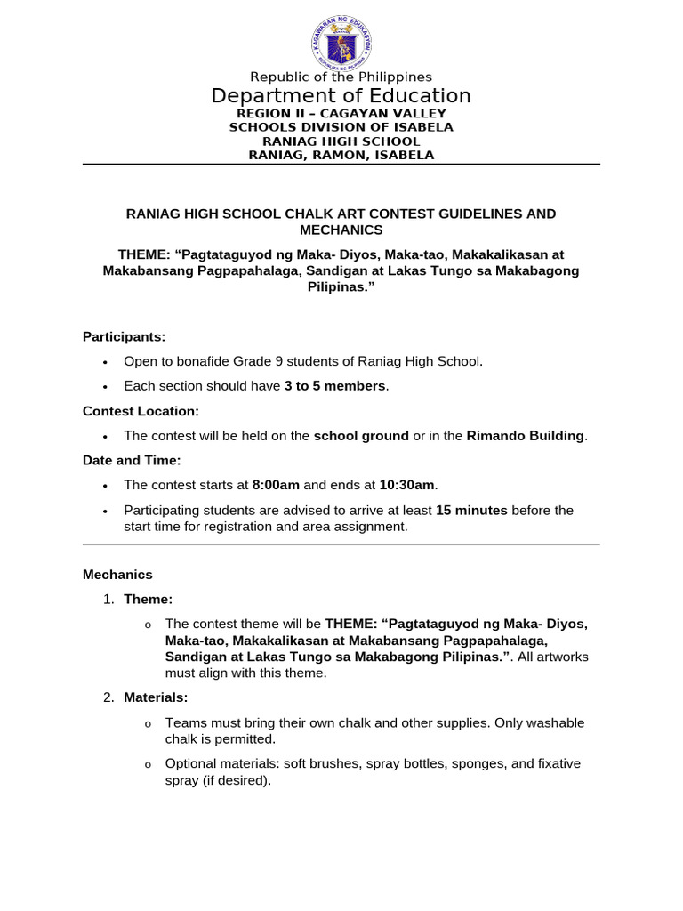 Raniag High School Chalk Art Contest Guidelines and Mechanics | PDF ...