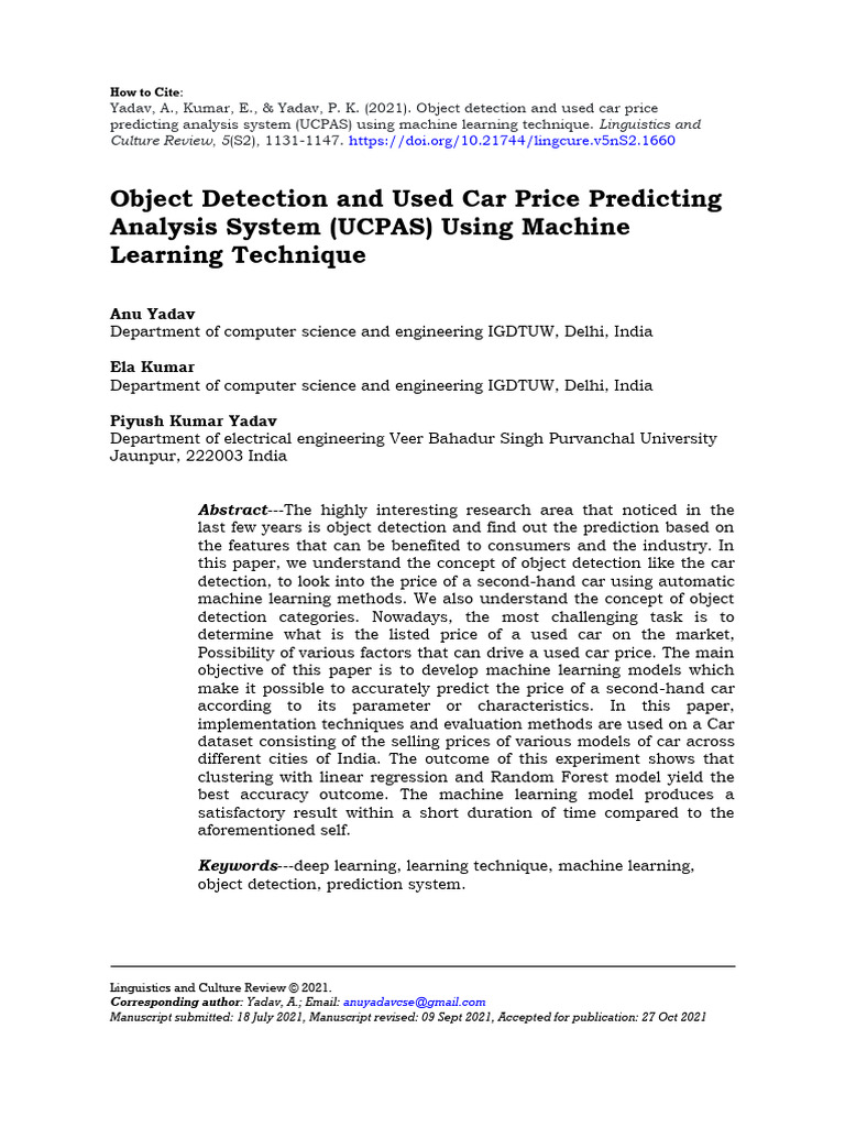 Object Detection and Used Car Price Predicting Analysis System (UCPAS) Using Machine Learning ...