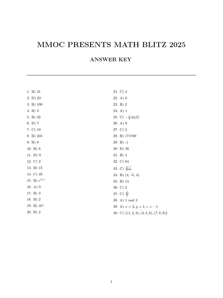 Math Blitz 2025 Answer Key | PDF