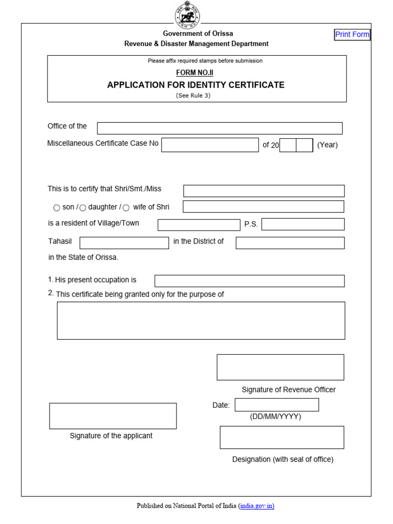 Application for Identity Certificate | PDF