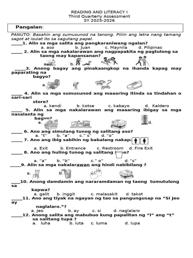 READING &LITERACY - 3rd Quarter Test | PDF