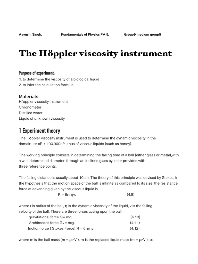 Measuring Viscosity with Höppler Instrument | PDF | Viscosity | Force