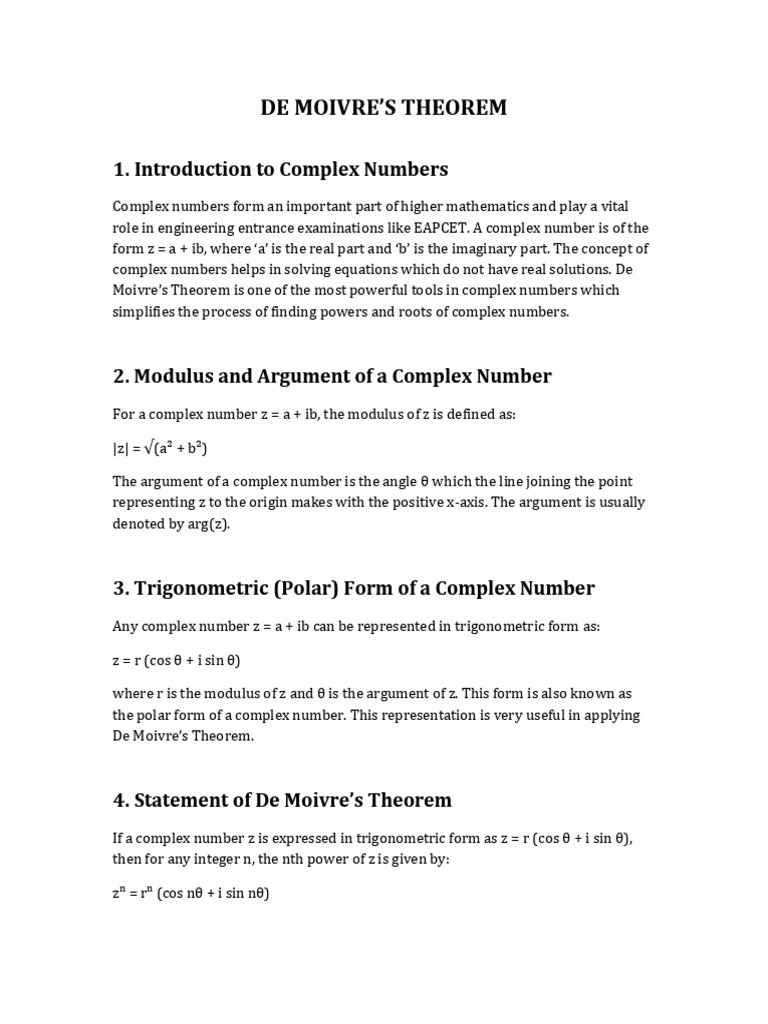 De Moivres Theorem EAPCET | PDF | Numbers | Complex Number